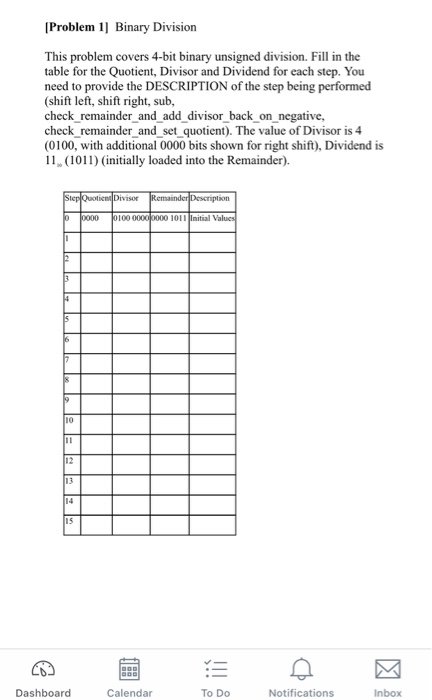 Solved lProblem 1 Binary Division This problem covers 4-bit | Chegg.com