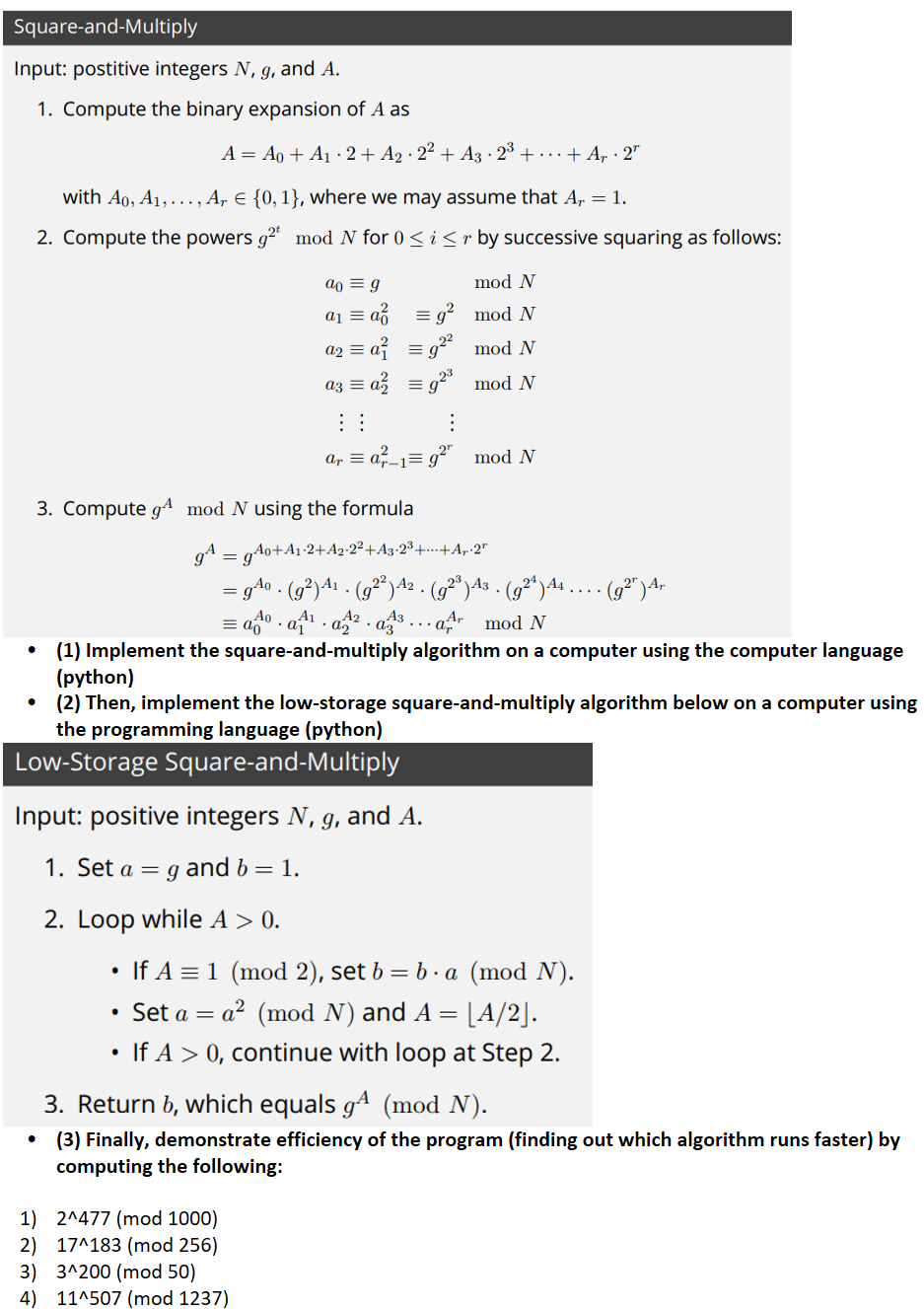 Input: postitive integers N,g, and A. 1. Compute the | Chegg.com