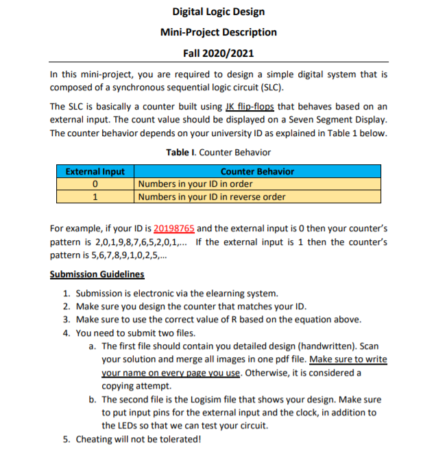 Digital Logic Design Mini-Project Description Fall | Chegg.com