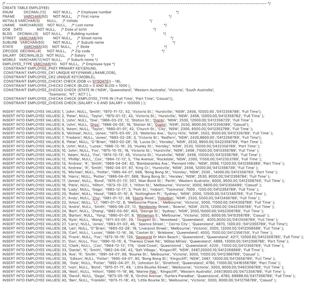 Solved *1 CREATE TABLE EMPLOYEE ENUM DECIMAL (12) NOT NULL, | Chegg.com