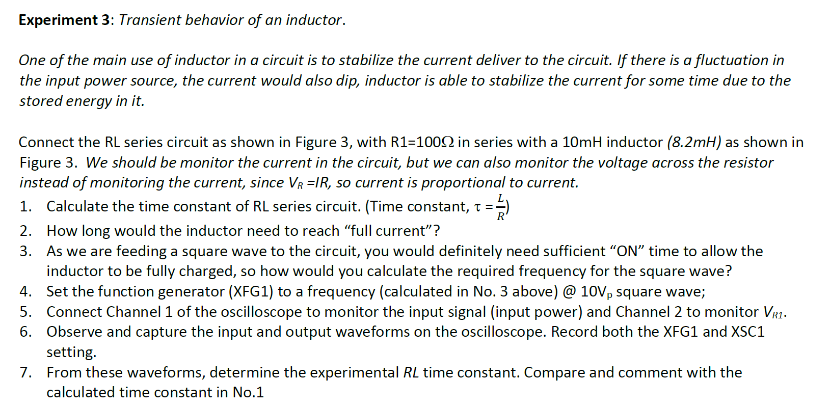 Experiment 3: Transient behavior of an inductor. One | Chegg.com
