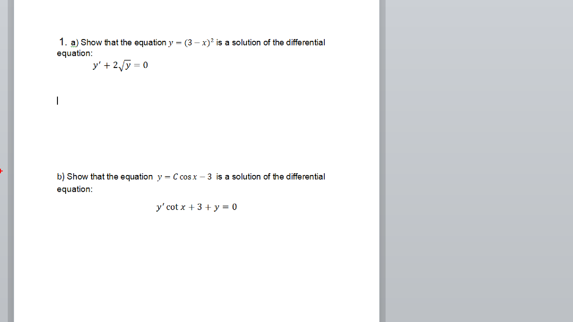 Solved a) ﻿Show that the equation y=(3-x)2 ﻿is a solution of | Chegg.com