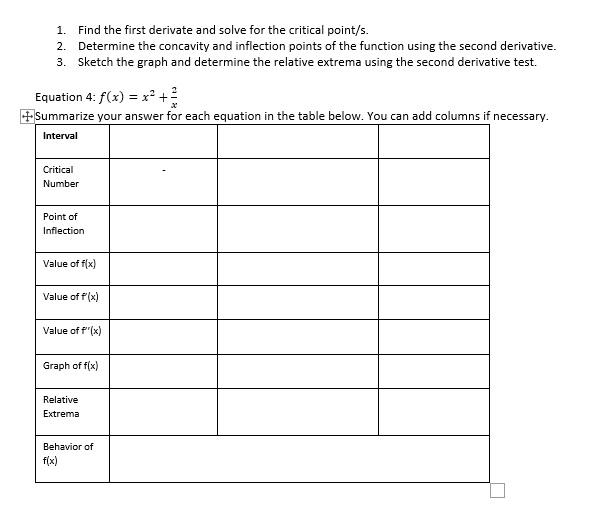 Solved 1. Find the first derivate and solve for the critical | Chegg.com
