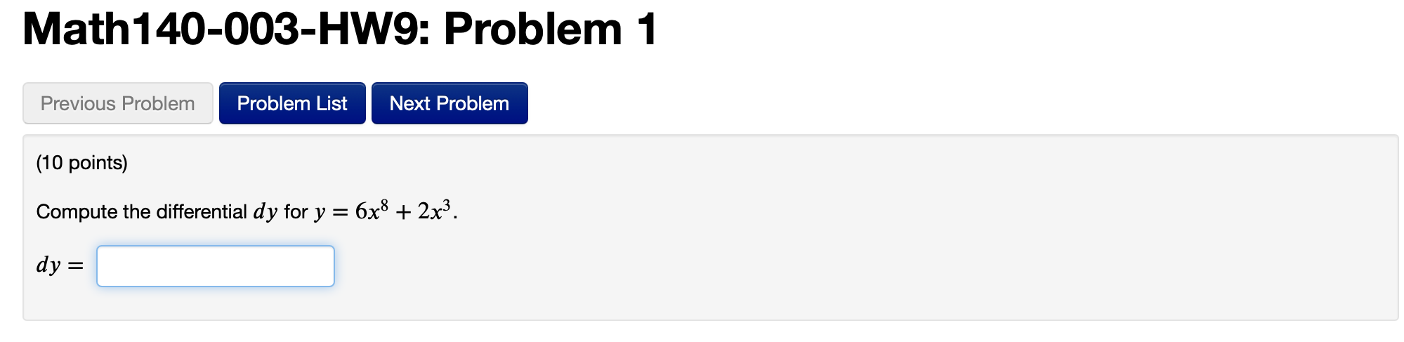Solved Math 140-003-HW9: Problem 1 Previous Problem Problem | Chegg.com