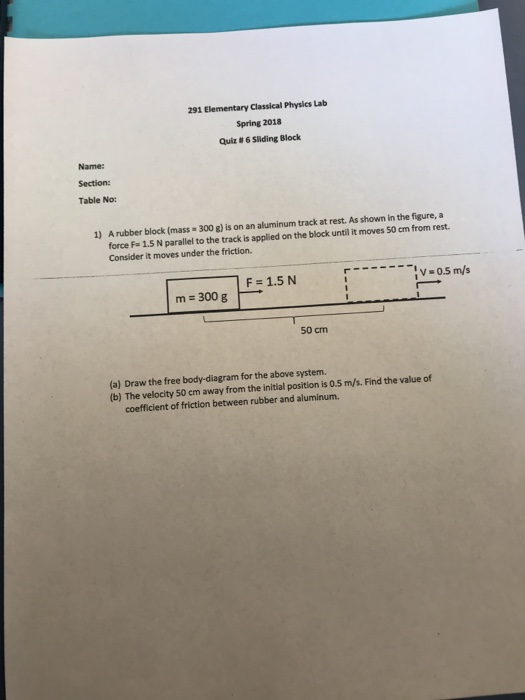 Solved 291 Elementary Classical Physics Lab Spring 2018 Quiz | Chegg.com