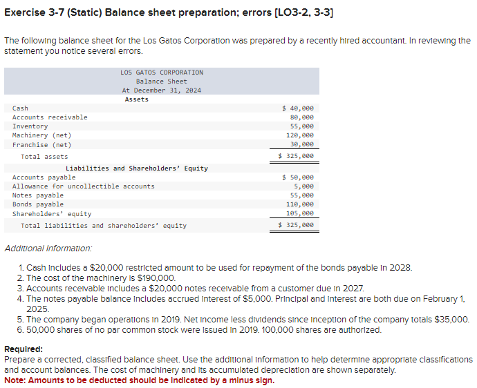 Solved Exercise 3-7 (Static) Balance sheet preparation; | Chegg.com
