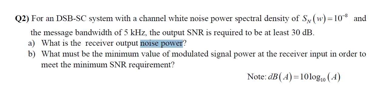 Solved For an DSB-SC system with a channel white noise power | Chegg.com