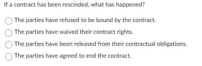 Solved If a contract has been rescinded, what has happened? | Chegg.com