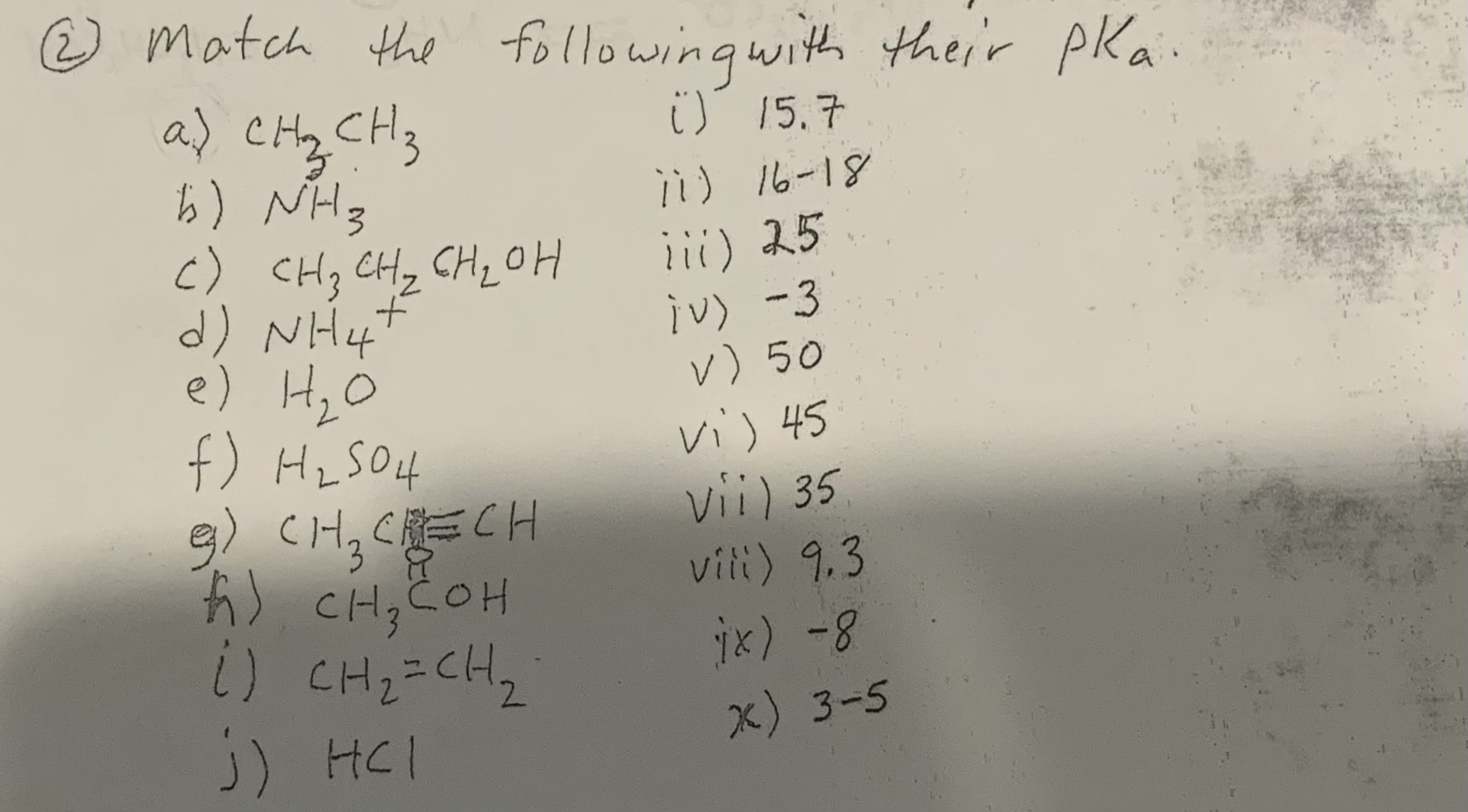 Solved (2) Match the followingwith their p Ka. a) CH3CH3 b) | Chegg.com