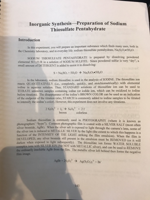 Solved Inorganic Synthesis Preparation of Sodium Thiosulfate | Chegg.com