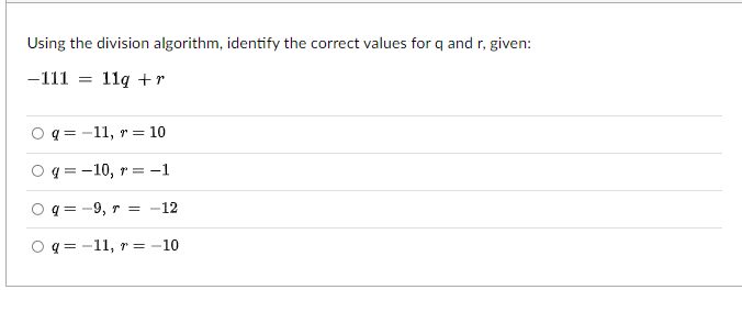 Solved Using the division algorithm, identify the correct | Chegg.com
