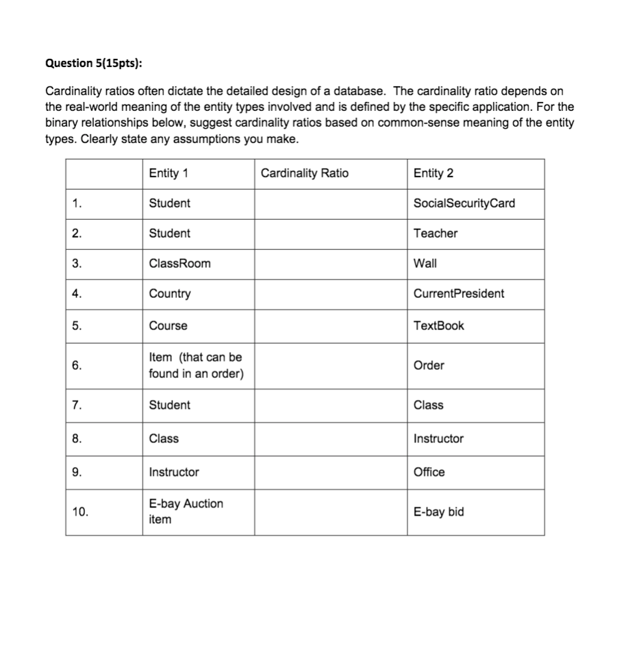 Solved Question 5(15pts): Cardinality ratios often dictate | Chegg.com