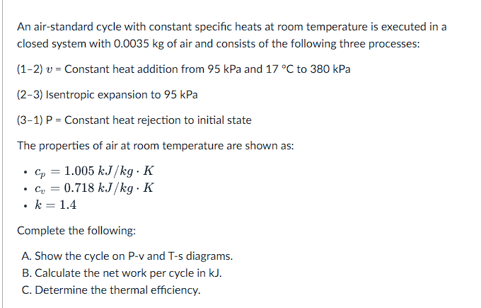 Solved An air-standard cycle with constant specific heats at | Chegg.com