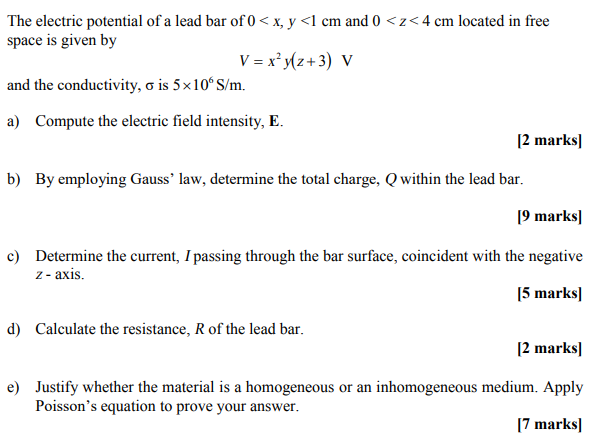Solved The electric potential of a lead bar of 0