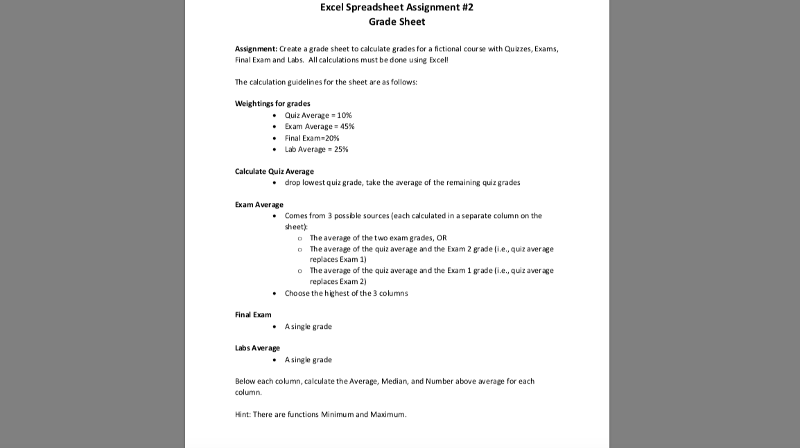 Excel Spreadsheet Assignment #2 Grade Sheet Assign... | Chegg.com