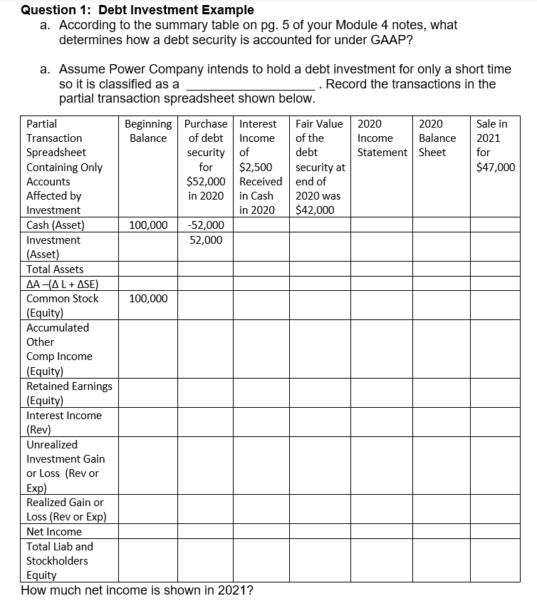 Solved Question 1: Debt Investment Example a. According to | Chegg.com