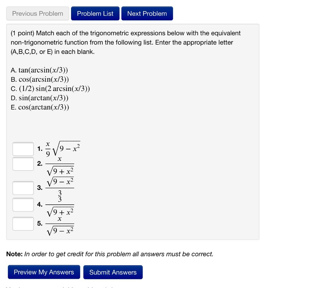 Solved (1 point) Match each of the trigonometric expressions | Chegg.com