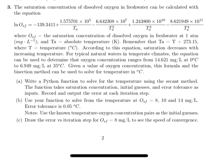 Solved 3. The saturation concentration of dissolved oxygen | Chegg.com