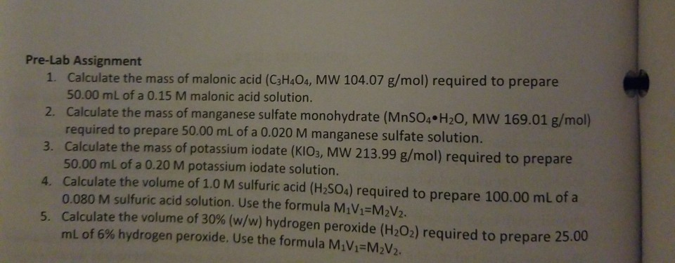 Solved Pre-Lab Assignment 1. Calculate the mass of malonic | Chegg.com