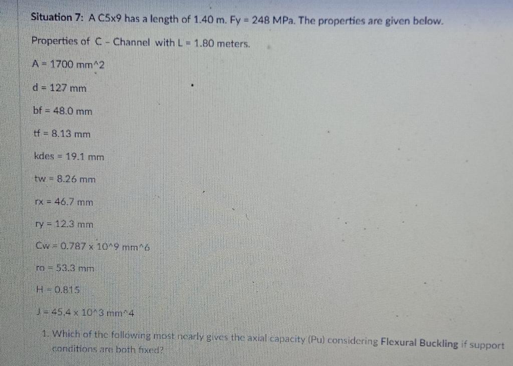 Solved Situation 7: A C5x9 has a length of 1.40 m. Fy = 248 | Chegg.com