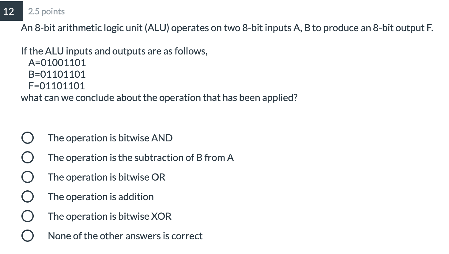 Solved 12 2.5 points An 8-bit arithmetic logic unit (ALU) | Chegg.com