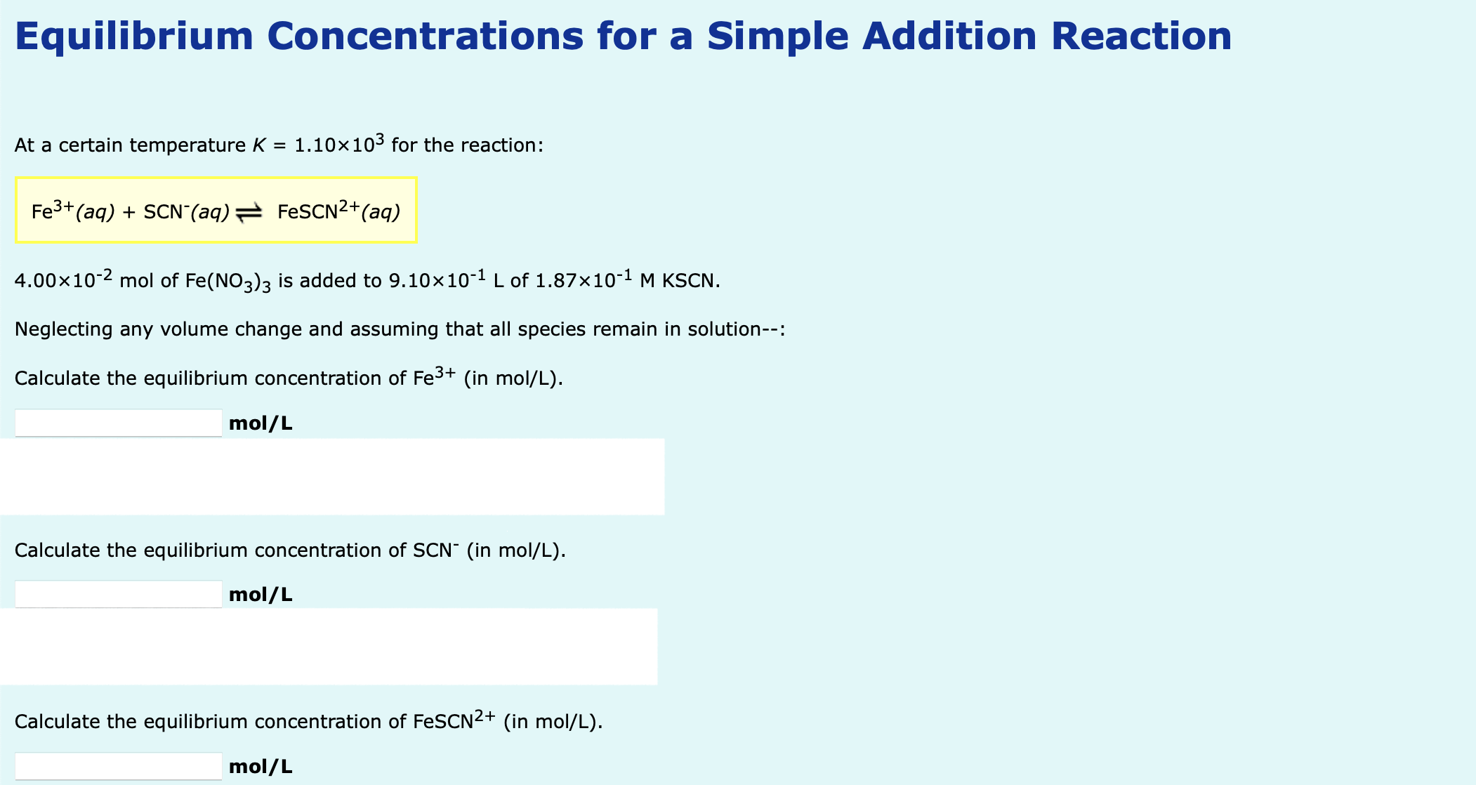 Solved Equilibrium Concentrations for a Simple Addition | Chegg.com