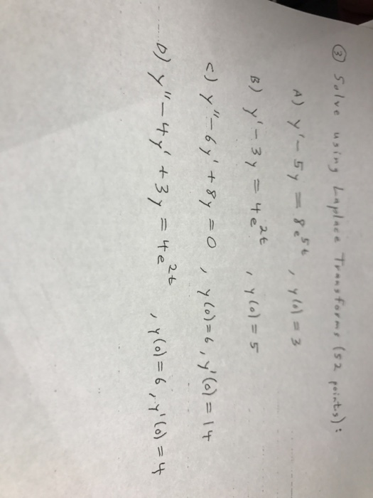 Solved Solve using Laplace Transforms y' - 5y = 8 e^5t, y | Chegg.com