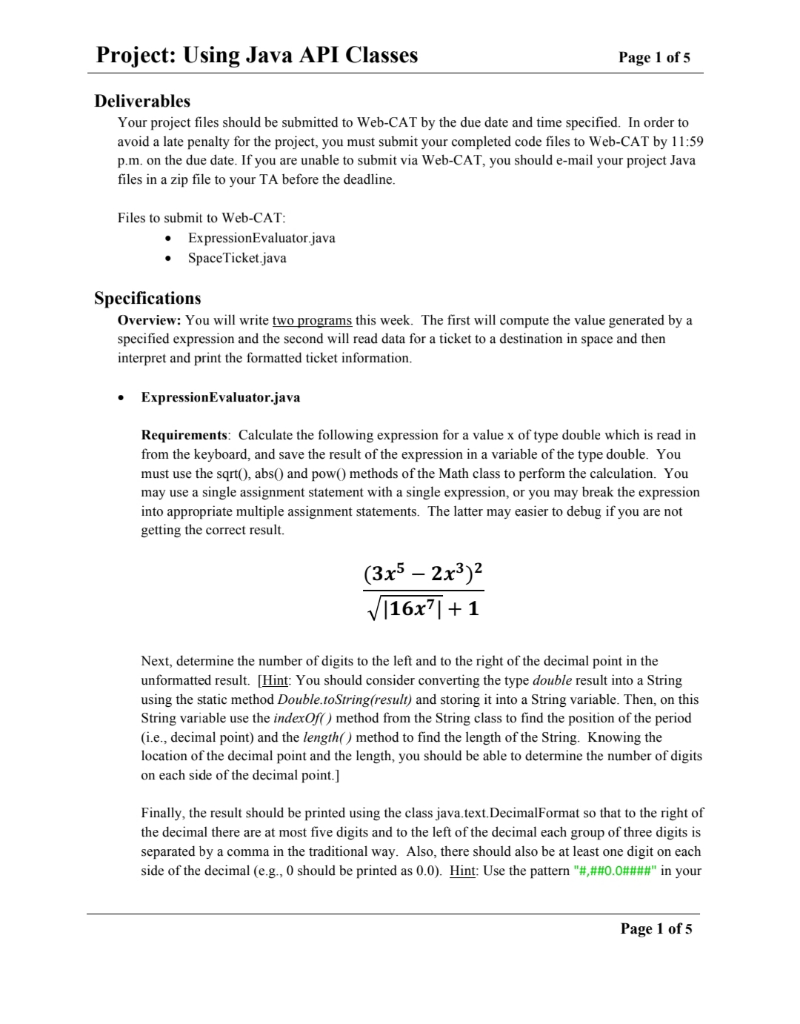 Solved Project: Using Java API Classes Page 1 of 5 | Chegg.com
