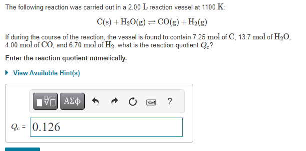 Solved The following reaction was carried out in a 2.00 L | Chegg.com