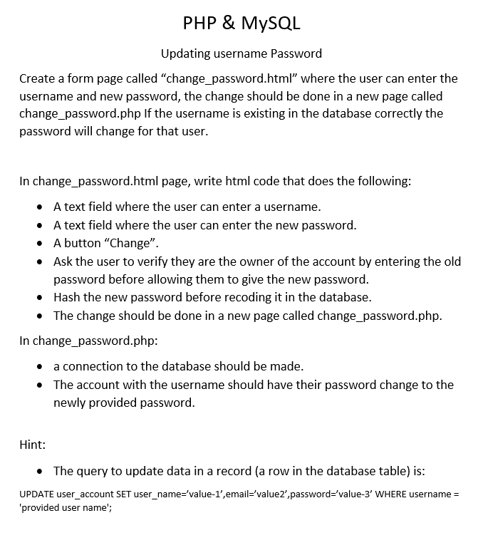 Solved PHP & MySQL Updating username Password Create a form | Chegg.com