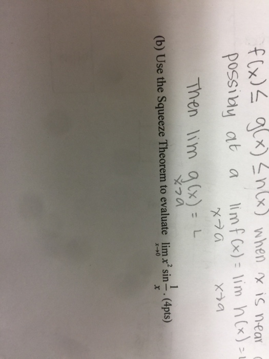 Solved Use the Squeeze Theorem to evaluate lim x^2 sin 1/x. | Chegg.com