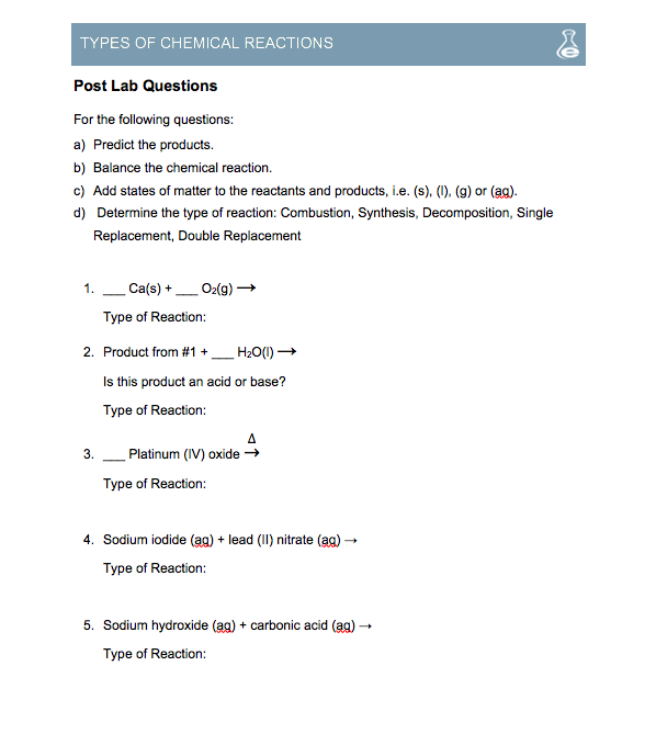 Solved TYPES OF CHEMICAL REACTIONS Post Lab Questions For | Chegg.com
