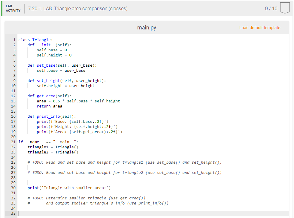 Solved Given class Triangle, complete the program to read | Chegg.com