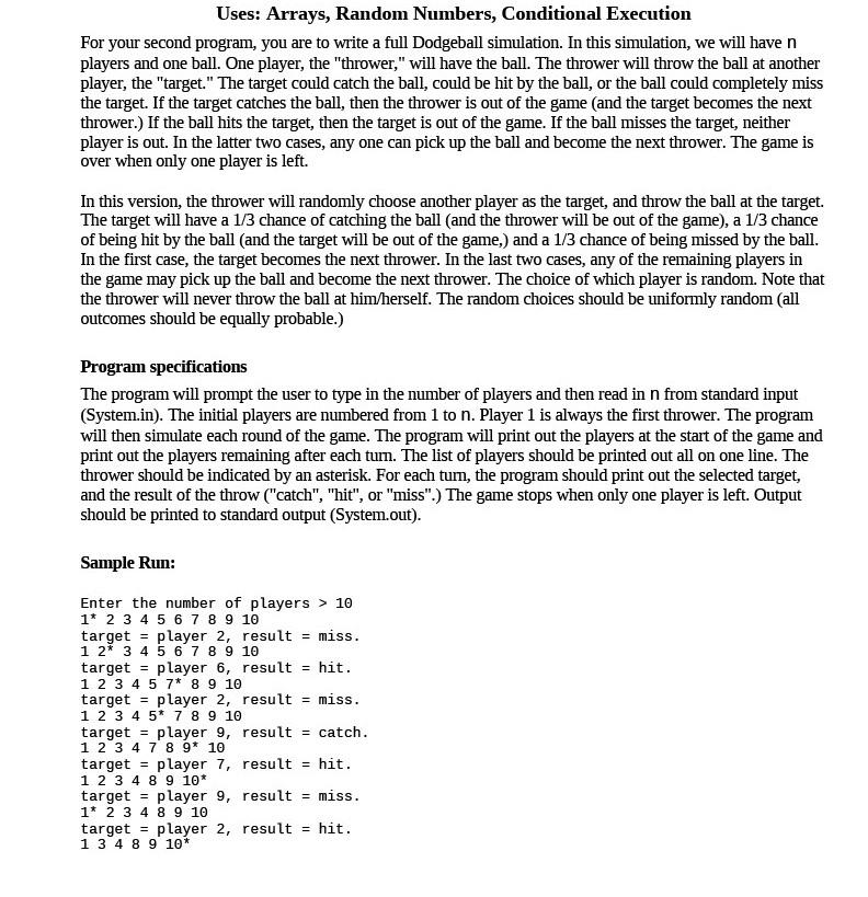 Solved Uses: Arrays, Random Numbers, Conditional Execution | Chegg.com