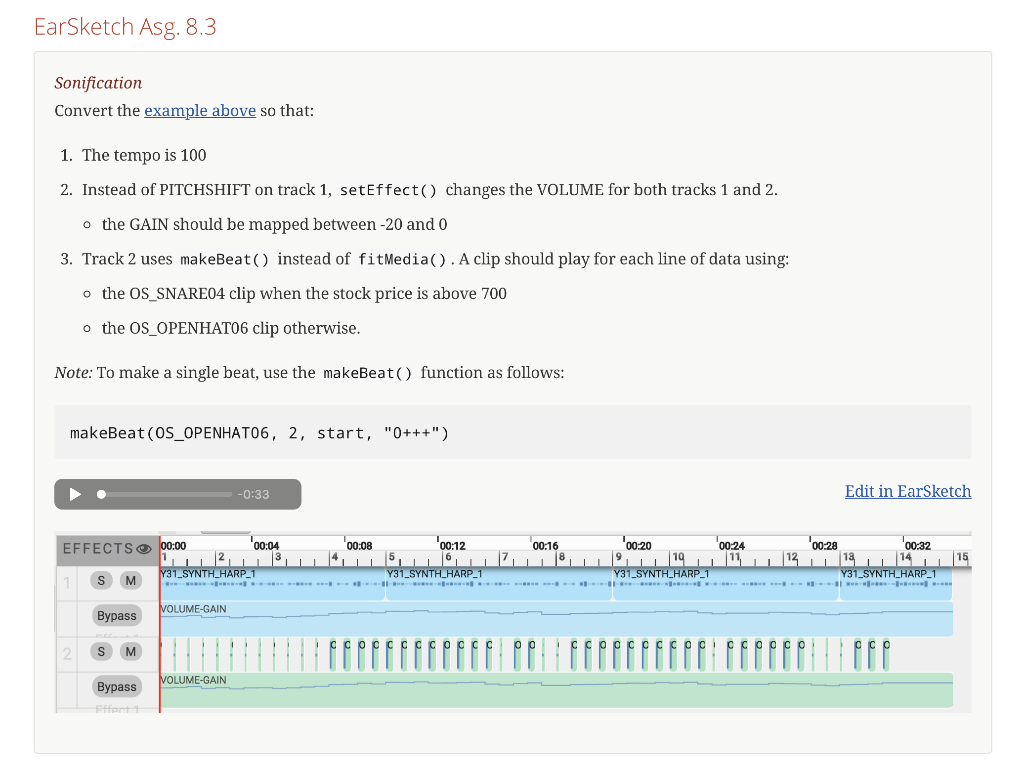 EarSketch Asg. 8.3 Sonification Convert the example | Chegg.com