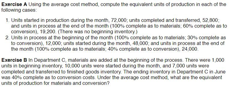 Solved Exercise A Using the average cost method, compute the | Chegg.com