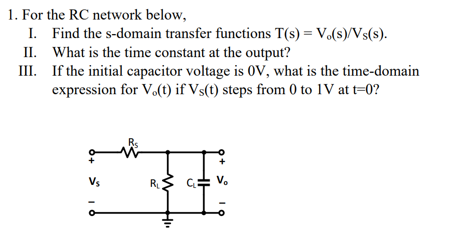1. For the RC network below, I. Find the s-domain | Chegg.com