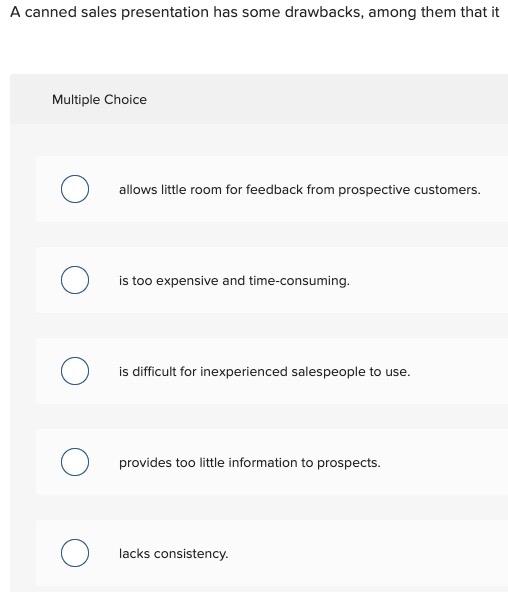 Solved A canned sales presentation has some drawbacks, among | Chegg.com