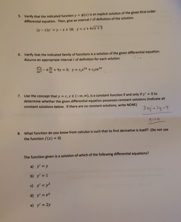Solved 5 Verify That The Indicated Function Y X Is An