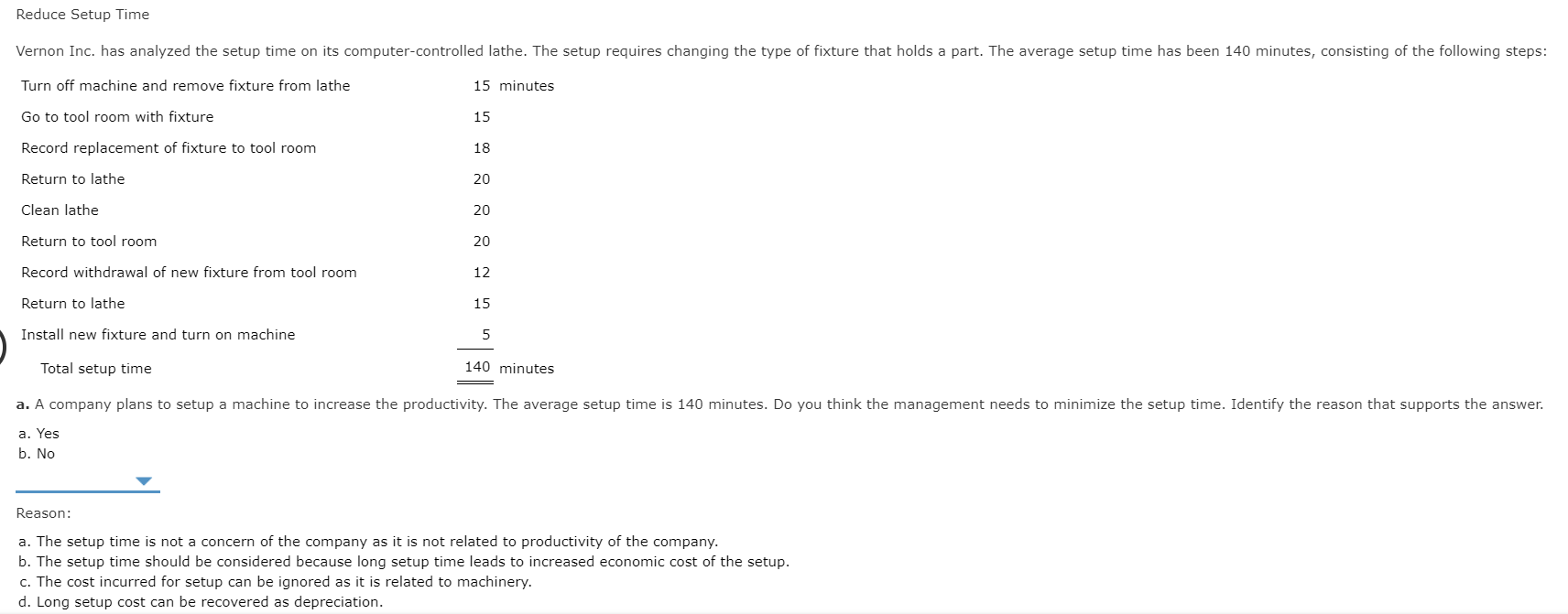Solved Reduce Setup Time Vernon Inc. has analyzed the setup | Chegg.com
