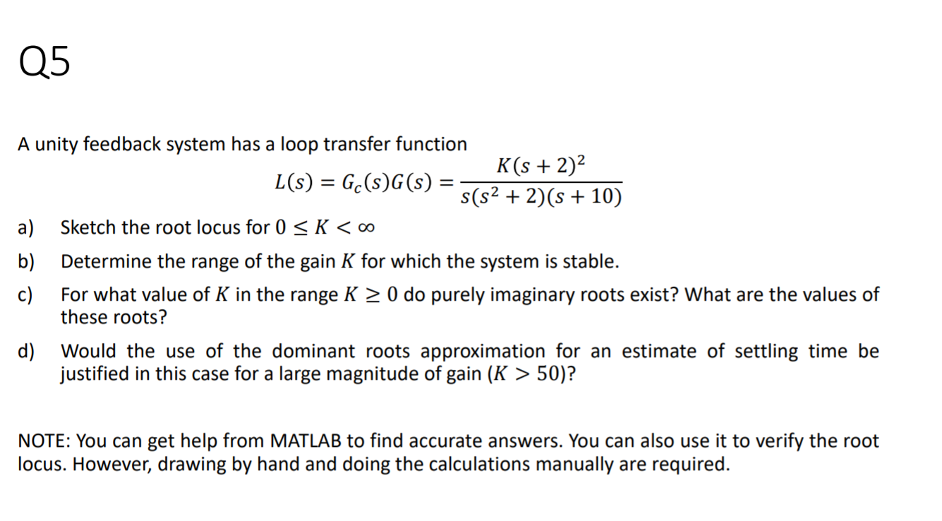 Solved Q5 A unity feedback system has a loop transfer | Chegg.com