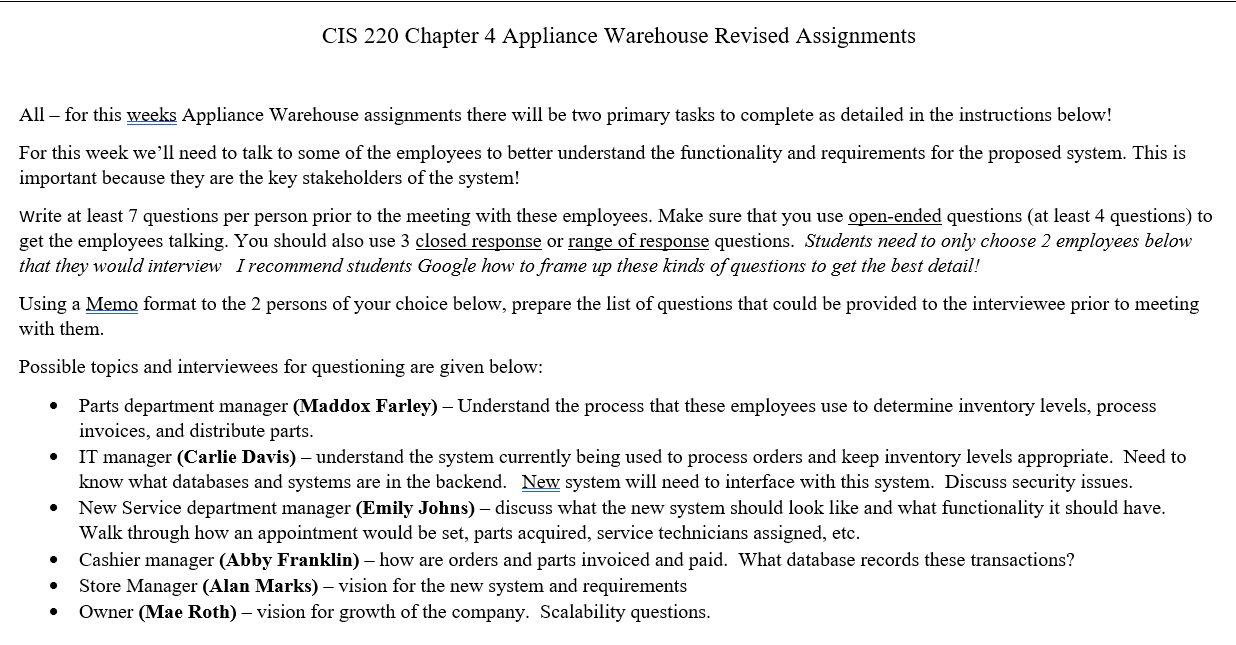 Solved CIS 220 Chapter 4 Appliance Warehouse Revised | Chegg.com
