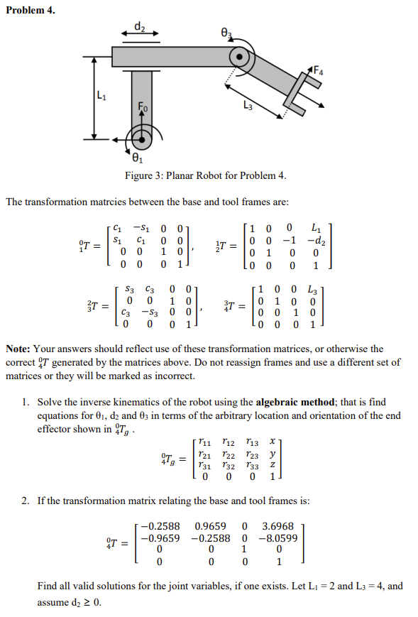 Solved Problem 4. d2 03 Li 0 Figure 3: Planar Robot for | Chegg.com
