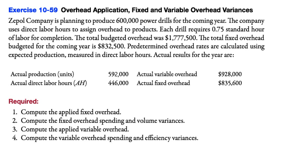 Solved Exercise 10-59 Overhead Application, Fixed and | Chegg.com