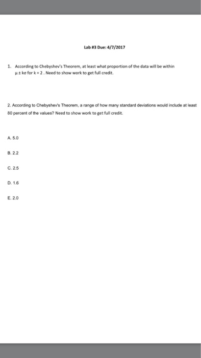Solved According to Chebyshev's Theorem, at least what | Chegg.com