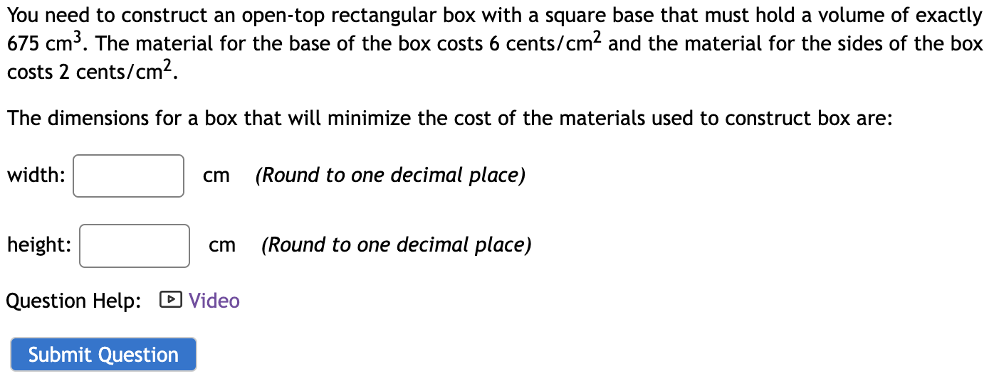 Solved You need to construct an open-top rectangular box | Chegg.com
