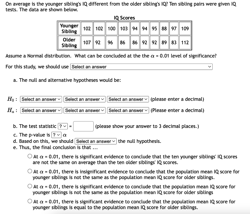 Solved On average is the younger sibling's IQ different from | Chegg.com