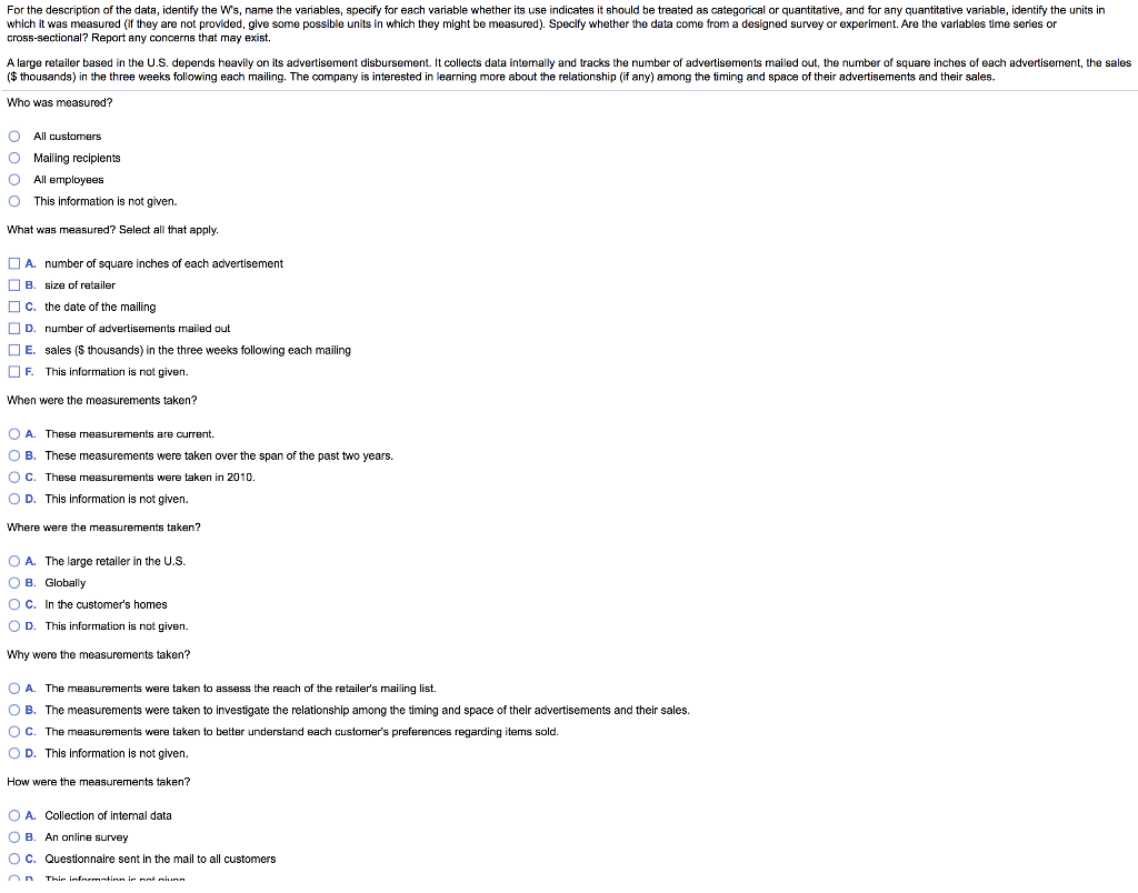 Solved For the description of the data, identify the Ws, | Chegg.com