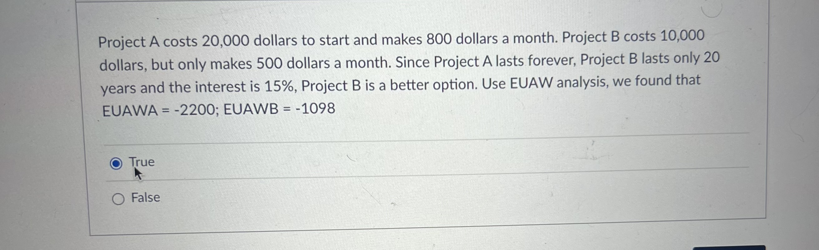Solved Project A costs 20,000 dollars to start and makes 800 | Chegg.com