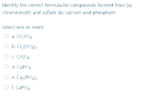 Solved Identify the correct formula for compounds formed | Chegg.com